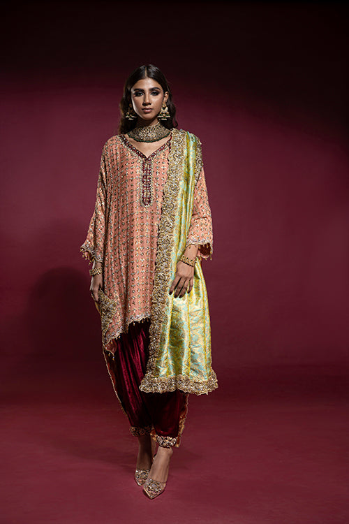 Peach Embellished Box Tunic with Red Velvet Shalwar and Double Sided K ...