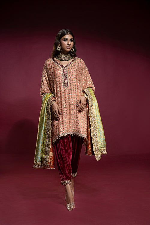 Peach Embellished Box Tunic with Red Velvet Shalwar and Double Sided K ...