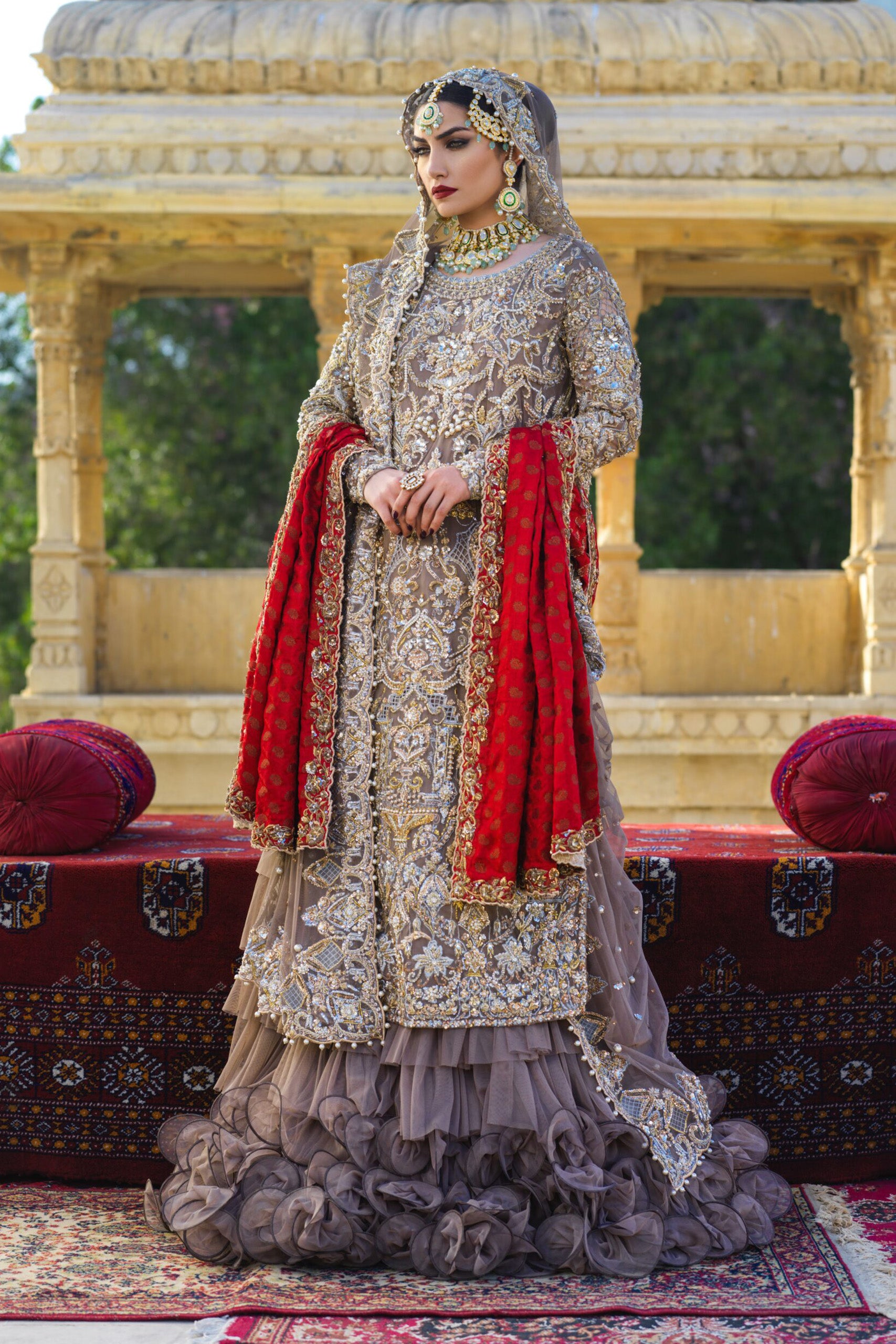 Tulle Net Tunic with Tiered Lehenga and Tulle Dupatta/Red Jamawar Dupa ...