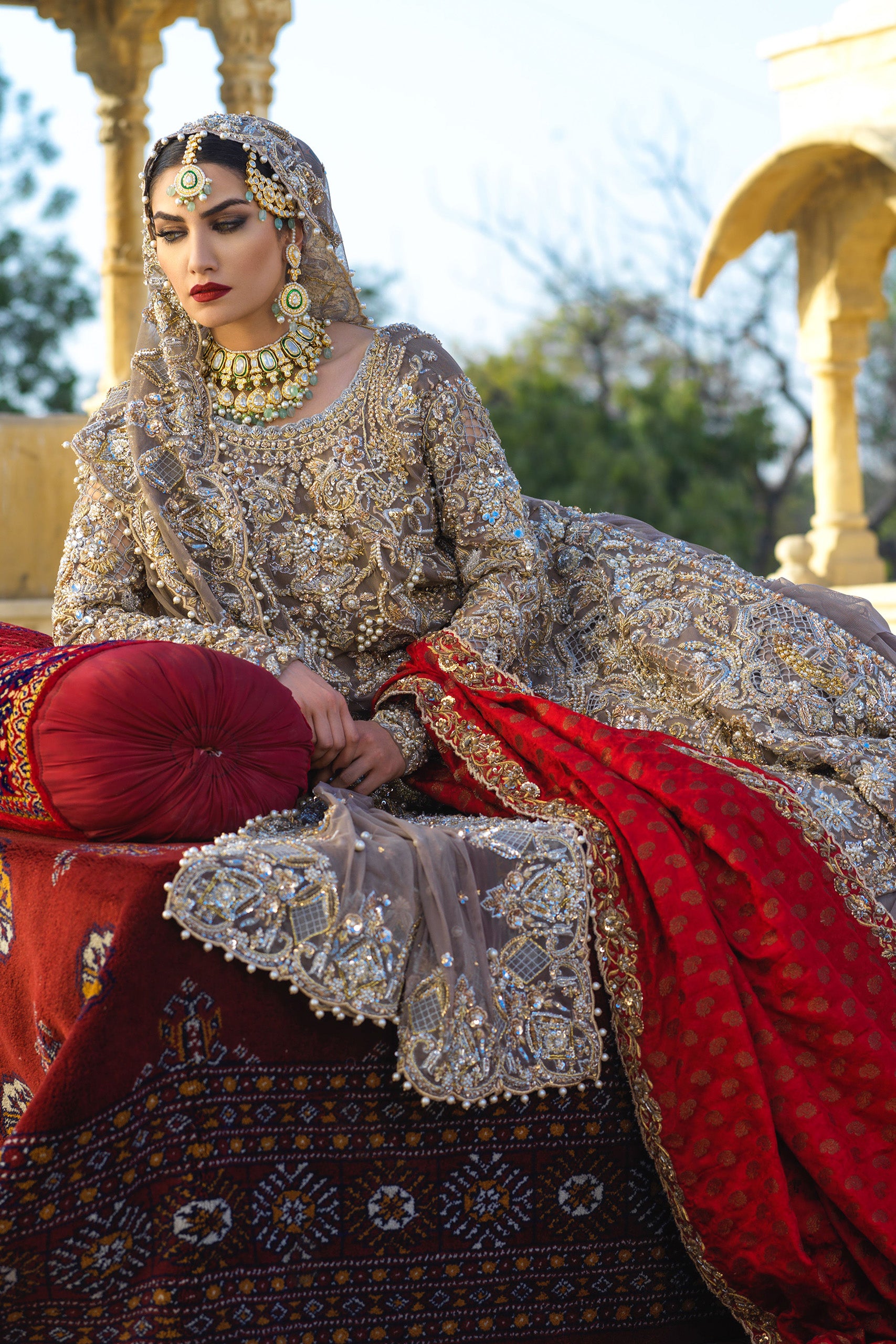 Tulle Net Tunic with Tiered Lehenga and Tulle Dupatta/Red Jamawar Dupa ...