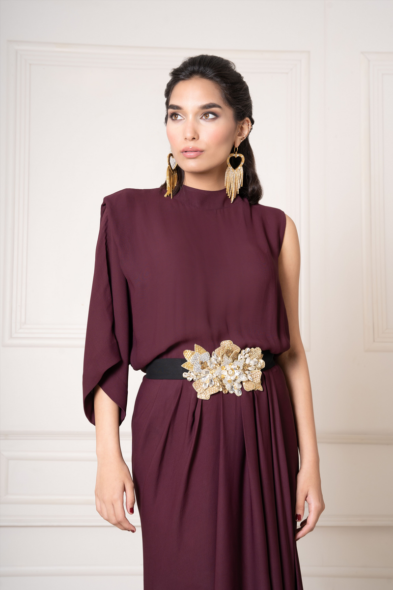 Draped Dress with Crystal Embellished Belt– Maheen Karim