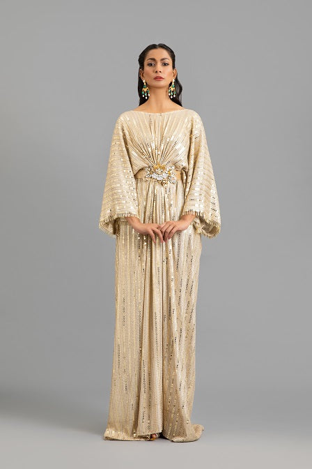 Gold Sequin Kaftan with Three Dimensional Crystal Belt– Maheen Karim