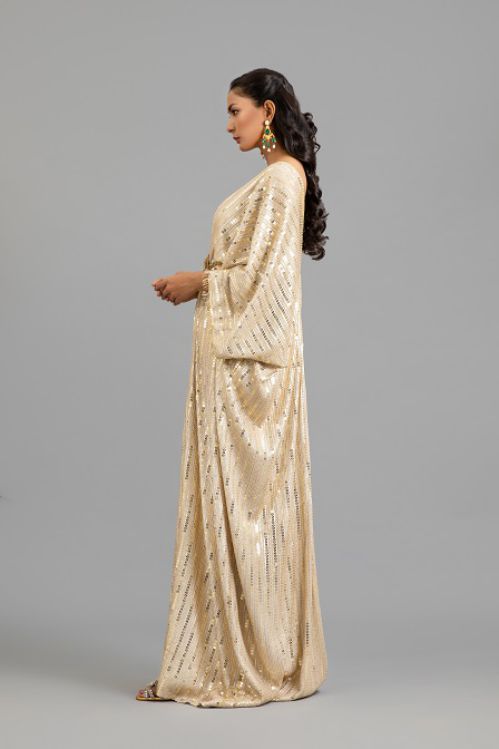 Gold Sequin Kaftan with Three Dimensional Crystal Belt– Maheen Karim