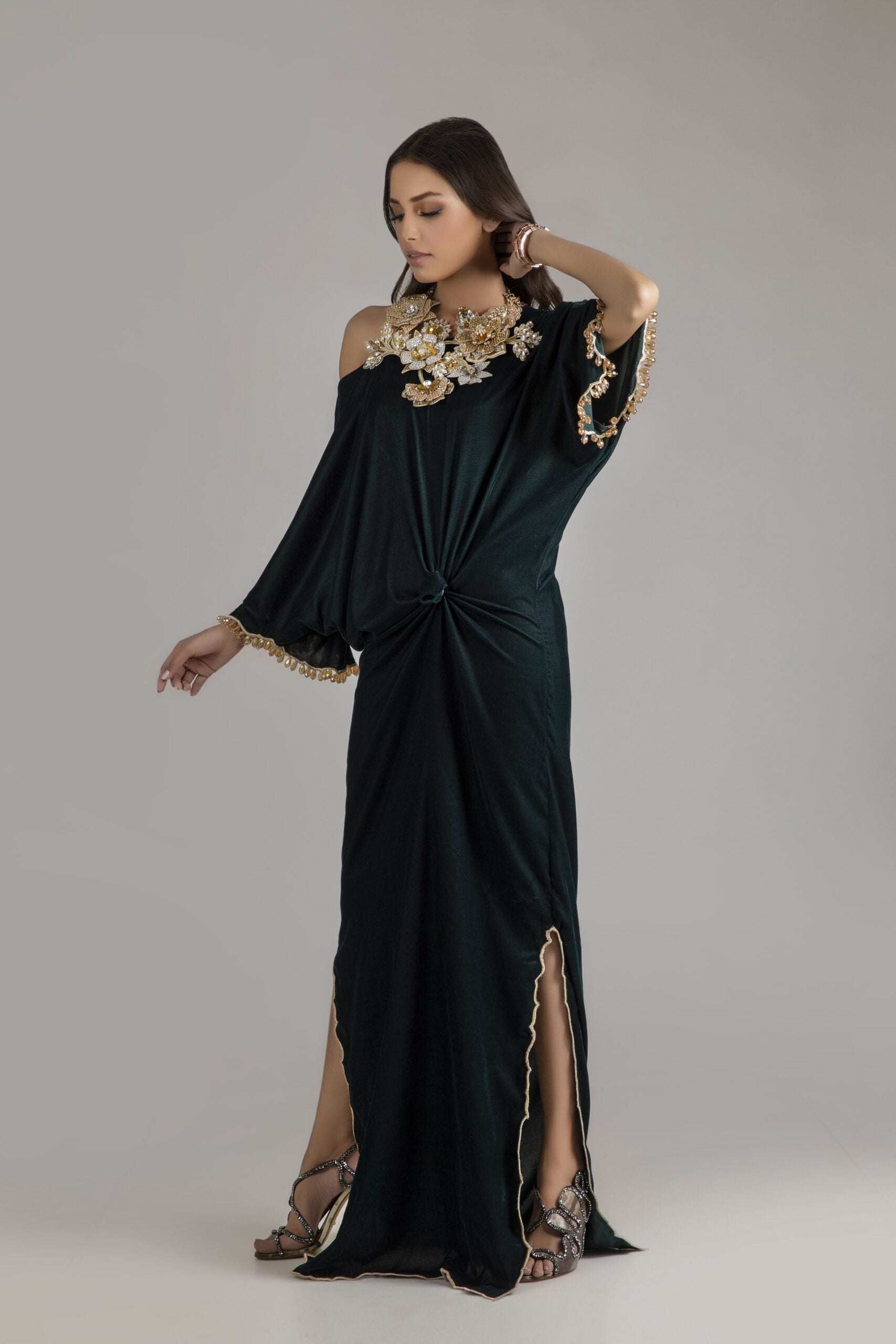 Bottle Green Velvet Kaftan with Crystal Embellished Necklace– Maheen Karim