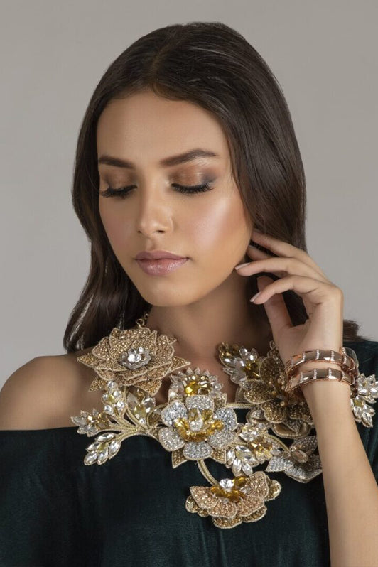 Bottle Green Velvet Kaftan with Crystal Embellished Necklace– Maheen Karim