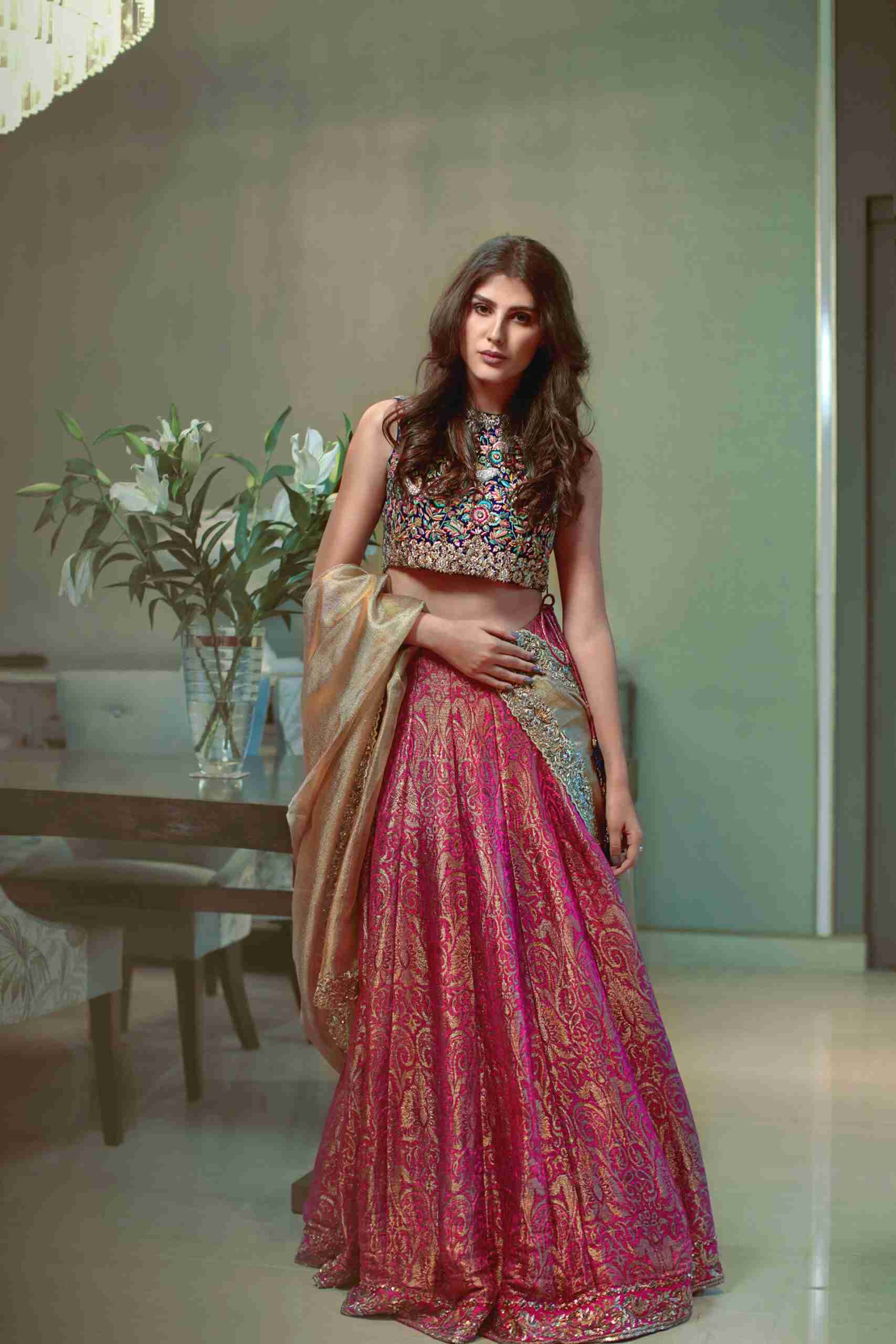 Magenta Brocade Lehenga with Full Aari Embroidered Choli and Gold Dupp ...