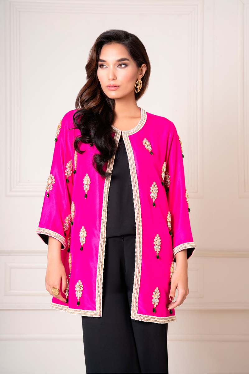 Hot Pink Crystal Motif Jacket with Jumpsuit– Maheen Karim