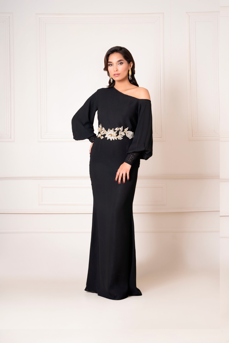 Drop Shoulder Top with Tapered Skirt and Crystal Embellished Belt ...